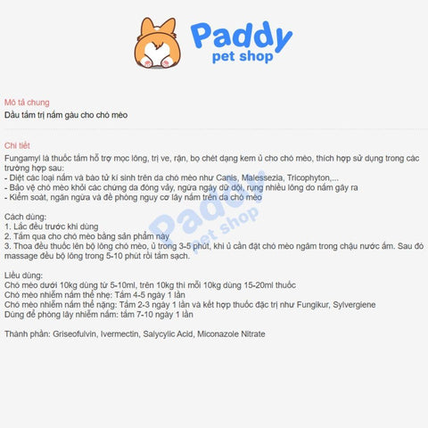 Sữa Tắm Fungamyl Trị Nấm, Vảy Gàu Cho Chó Mèo (200ml) – Paddy Pet Shop